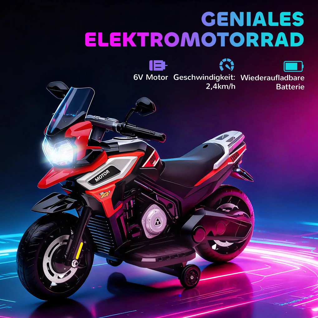 AIYAPLAY Elektro-motorka pro děti od 18 do 36 měsíců, vozidlo na ježdění, pomocná kolečka, světla, hudba, plast, ocel, červená