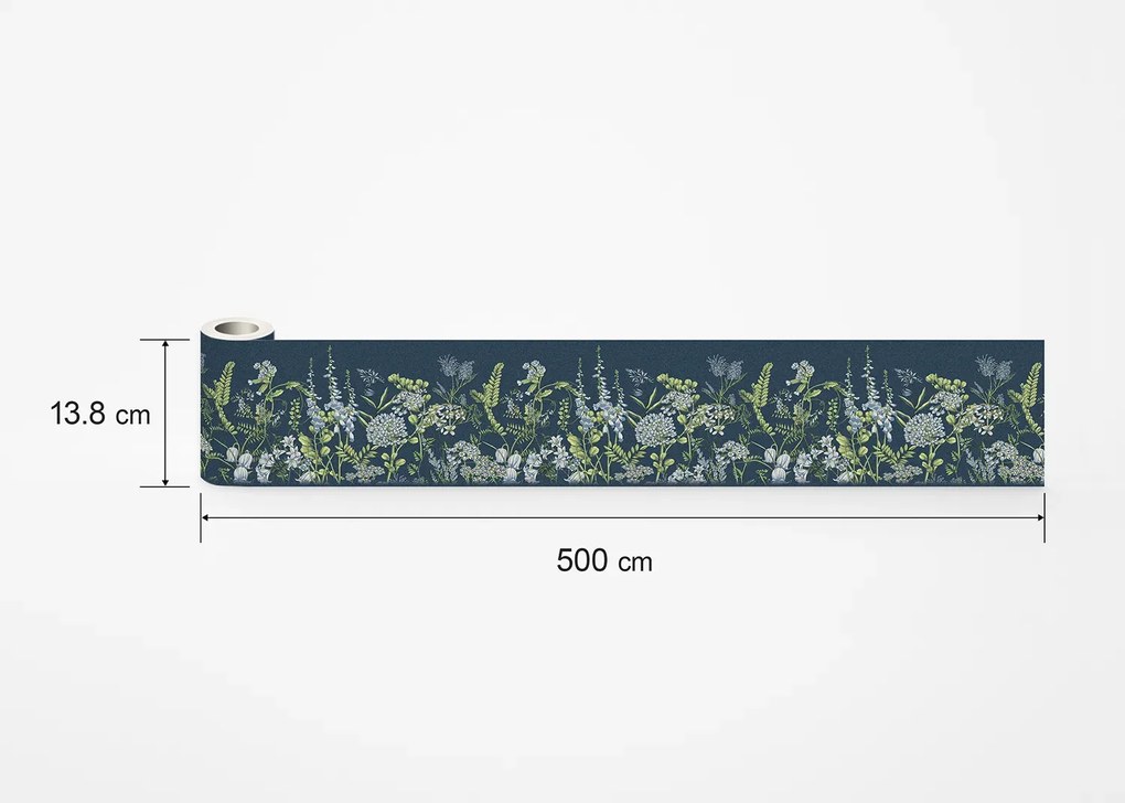 Samolepící bordura na zeď Květy Vikve na Pruské Modři | 5 m x 13.8 cm | DWB8525