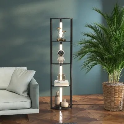 HOMCOM LED stojací lampa, rohový regál, stmívatelná, 4 police, teplé bílé světlo, 41x30x164cm, černá