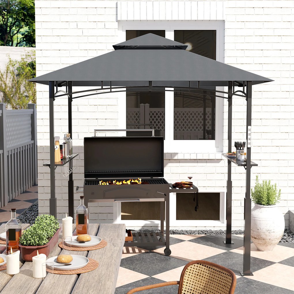 Outsunny Grilový pavilon, zahradní grilovací stan s regály na koření, LED osvětlení, kov, plast, 243D x 148Š x 248V cm, šedý