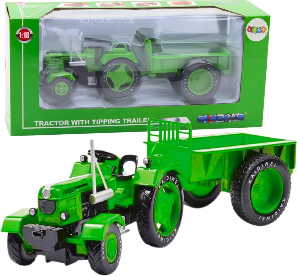 LEAN Toys Kovový zemědělský traktor s přívěsem, zelený 1:18