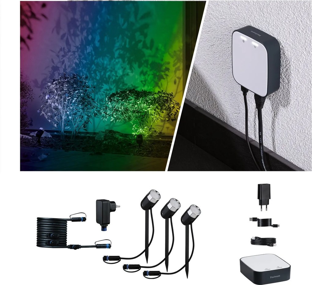 P 5183 Plug & Shine startovací sada Smart Home smik Gateway + LED bodové zahradní světlo Pike základní sada RGBW+ - PAULMANN
