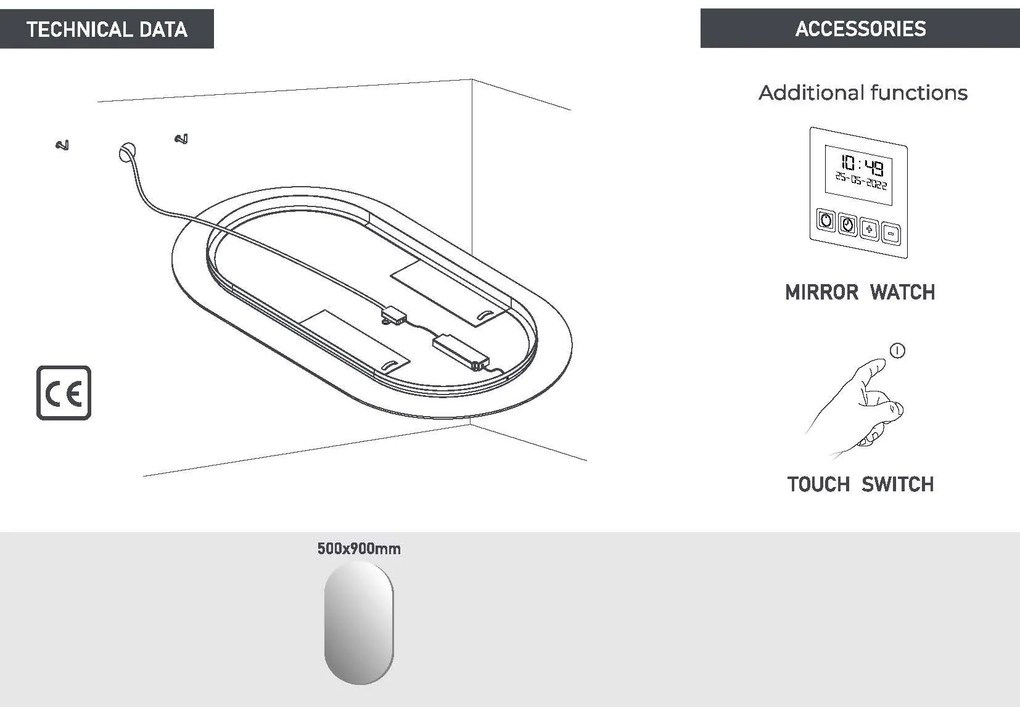 BPS-koupelny Zrcadlo s pískovaným okrajem a LED podsvícením po obvodu Nikoletta LED 15 Typ: bez vypínače, Rozměry (cm): 50x90 - (Nikoletta LED 15/50)