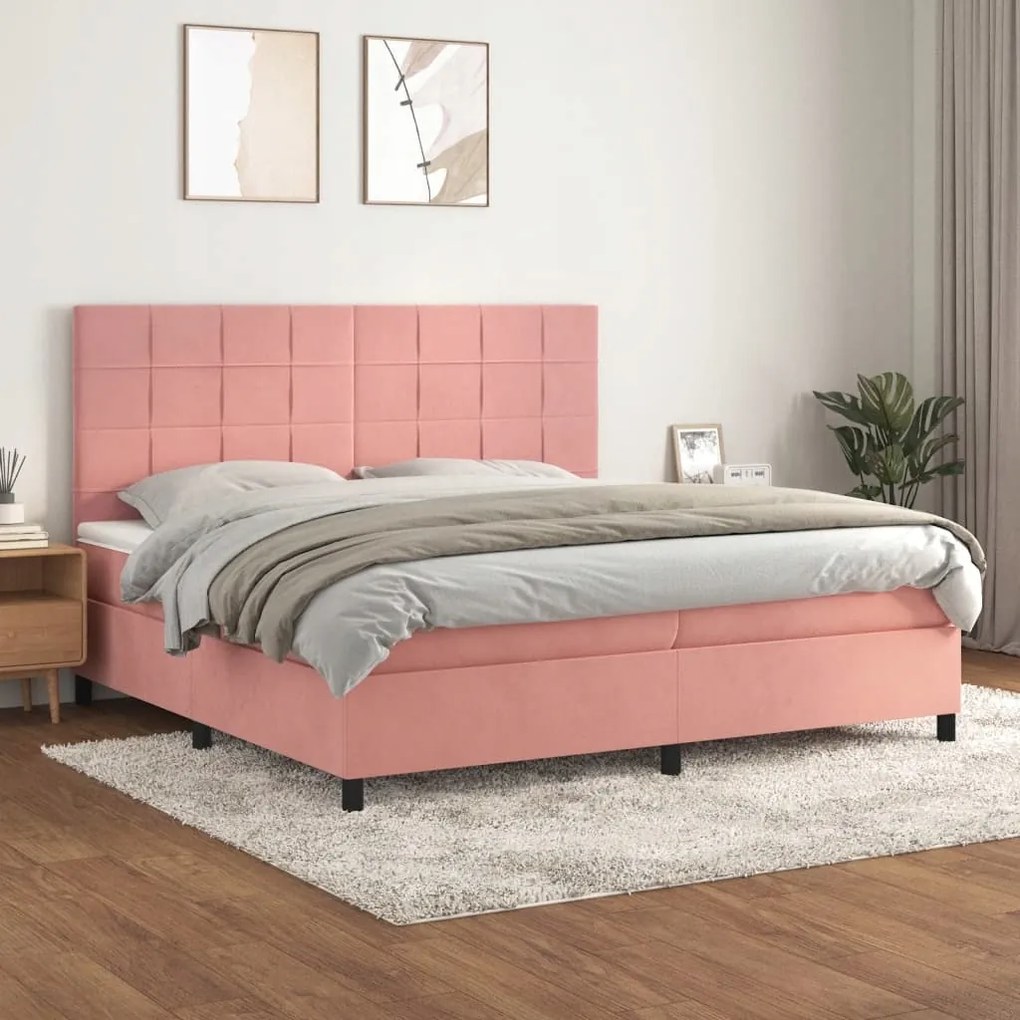 Box Spring Postel S Matrací Samet Růžová Blok se čtverci 200 x 200 cm