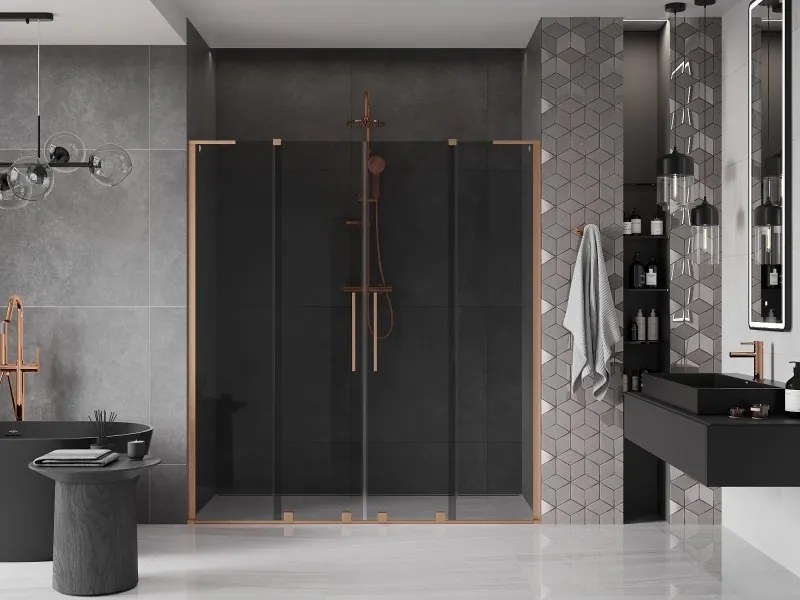 Mexen Velar L Duo, posuvné sprchové dveře do otvoru 200 cm, 8mm šedé sklo, měděná matná, 871-200-003-42-65