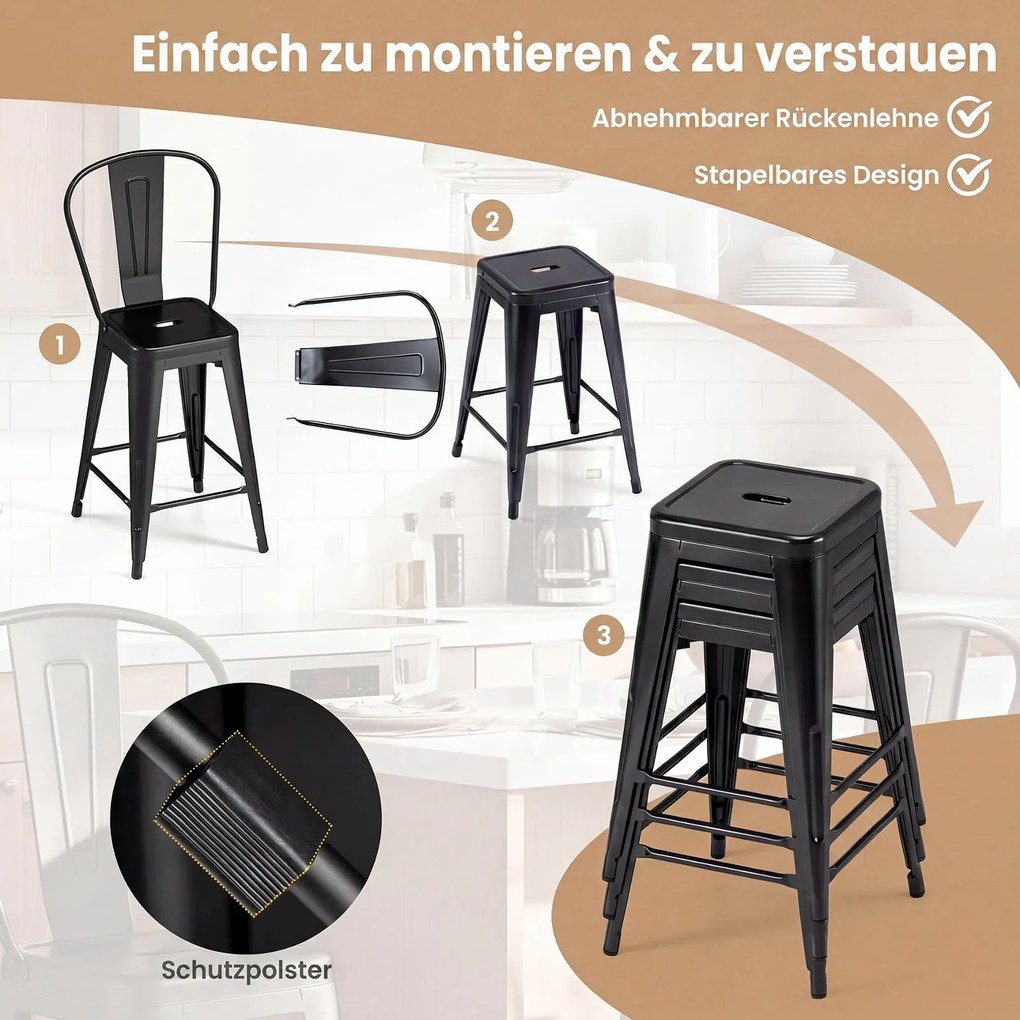Costway Sada 4 kovových barových židlí, ergonomická barová židle s odnímatelným