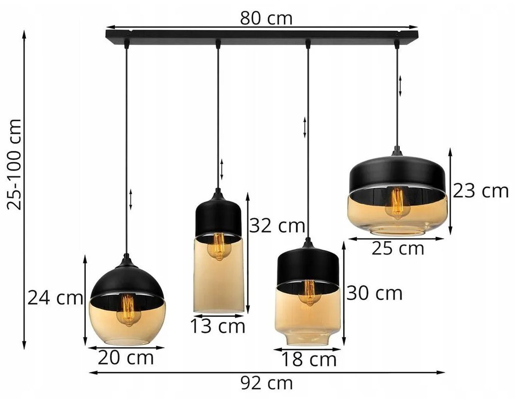 Závěsné svítidlo OSLO 4, 4x černé/medové skleněné stínítko