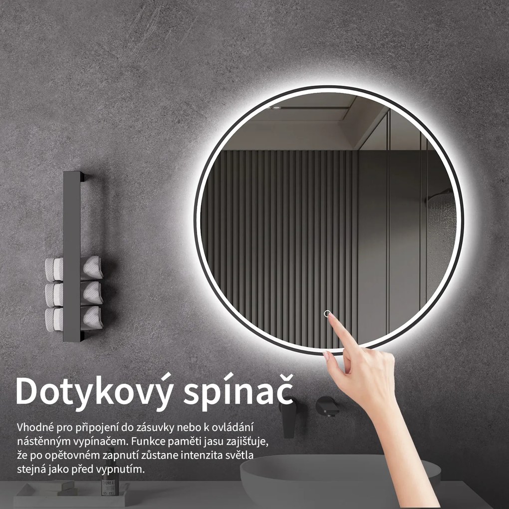 CERANO - Koupelnové LED zrcadlo Vito, kovový rám - černá matná - Ø 80 cm