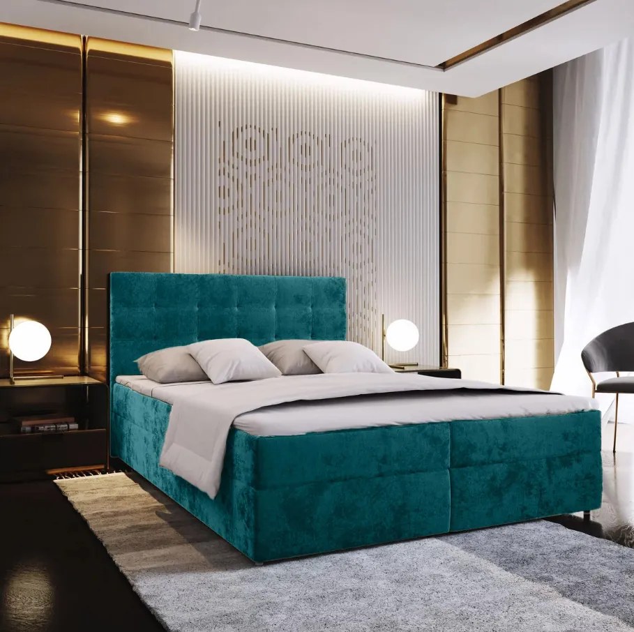 Čalouněná postel boxspring GLORIEN VELVET 140x200 cm tyrkysová Matrace: Matrace Bonell pružinová