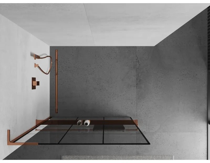 Mexen Kioto+ L, sprchová zástěna Walk-In s poličkou a věšákem 100 x 200 cm, 8mm čiré sklo černý vzor, růžové zlato profil, 800-100-123-60-77