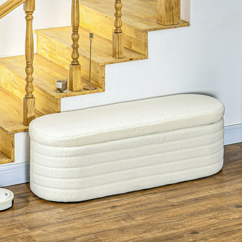 HOMCOM Ložnicová lavice s úložným prostorem a dřevěnými nohami, vysoká stabilita, plyšové rouno, nosnost 120 kg, 116x41x40,5 cm, krémově bílá