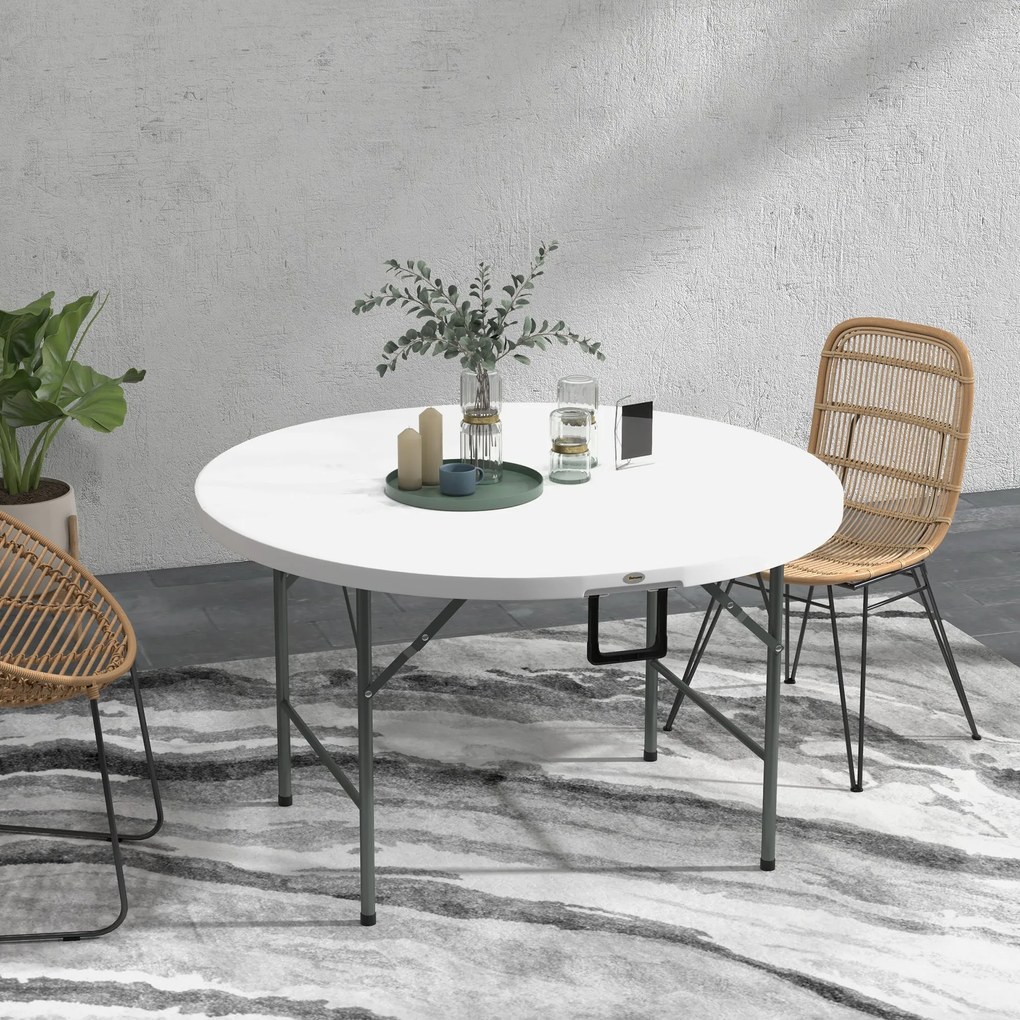 Skládací kulatý boční stůl Outsunny s ocelovou konstrukcí a HDPE deskou, nosnost 80 kg, pro vnitřní i venkovní použití Ø122x73 cm Bílá