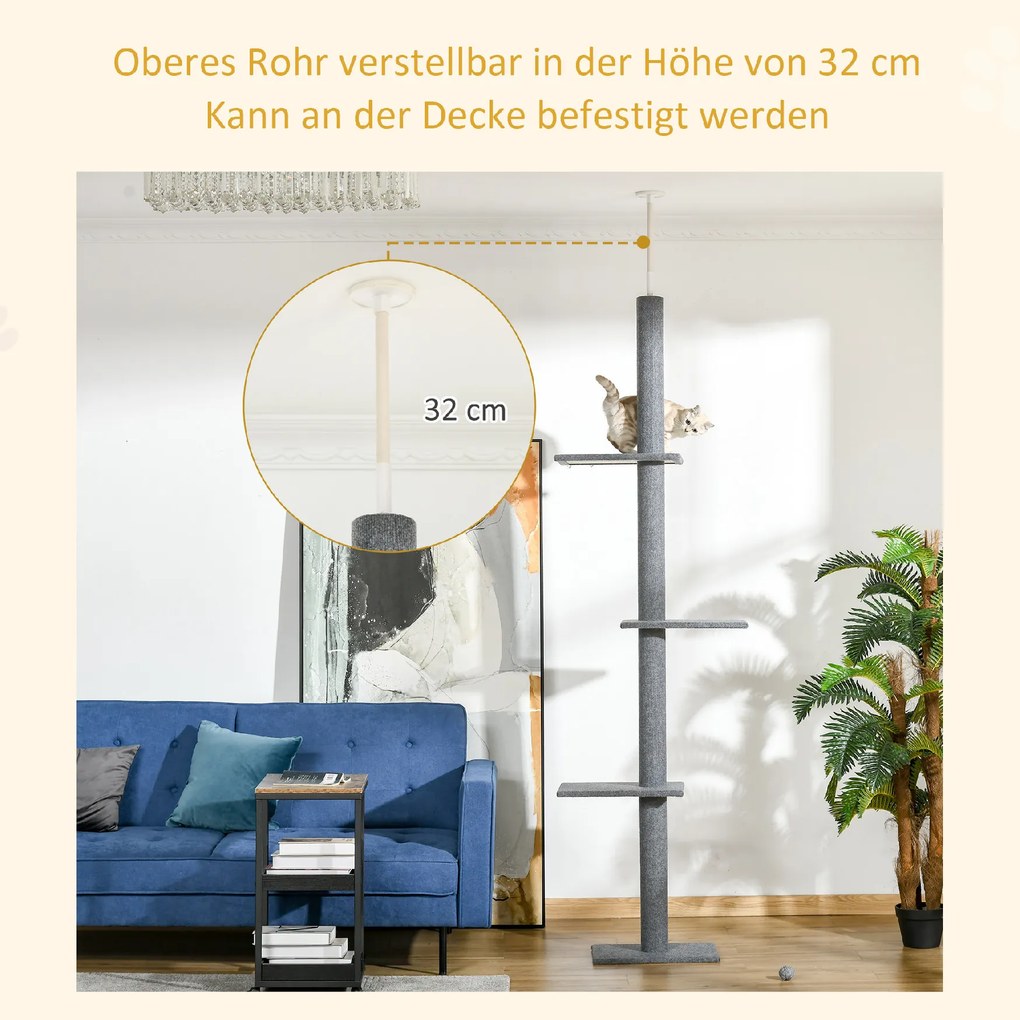PawHut výškově nastavitelné škrabadlo 228-260 cm stropní strom pro kočky Šplhací strom pro kočky Šedý pro aktivní hru a odpočinek