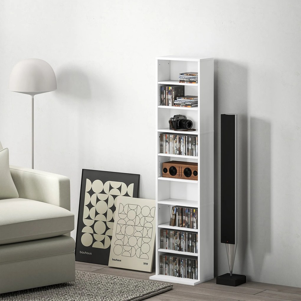 HOMCOM CD a DVD regál s 9 přihrádkami, úzký s nastavitelými policemi pro obývací pokoj a kancelář 33x24x140 cm Bílý