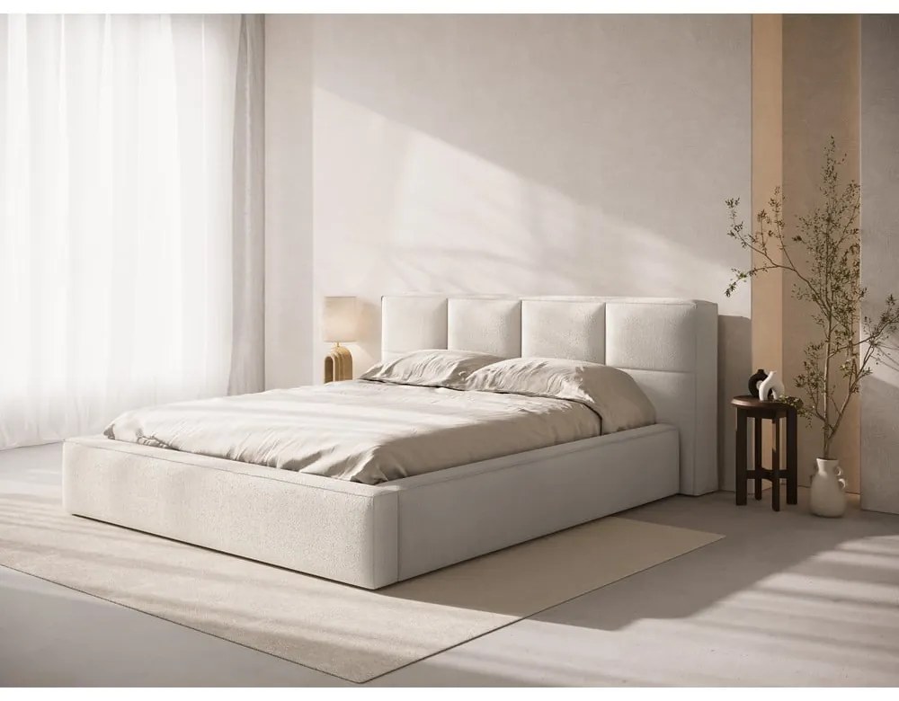 Krémová čalouněná dvoulůžková postel s úložným prostorem s roštem 180x200 cm Simon – Micadoni