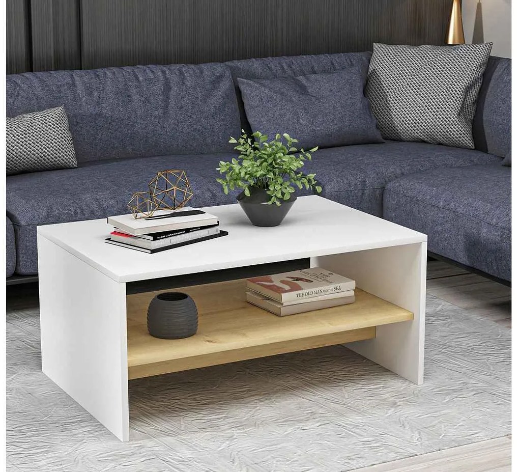 Designový konferenční stolek Wells 90 cm bílý / dub