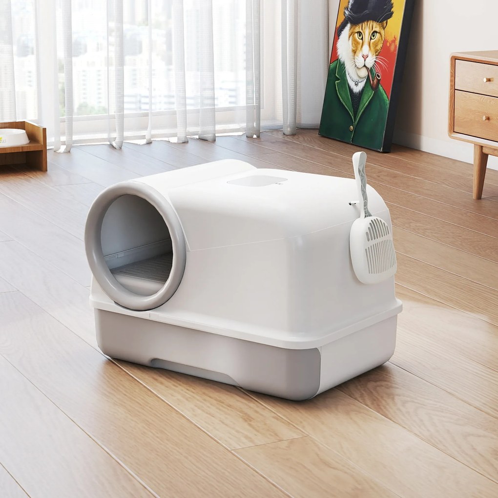 Kočkolit s víkem Výsuvná vanička s lopatkou 2 filtry s aktivním uhlím pro kočky do 5 kg 59x39,5x39,5cm Bílá+šedá