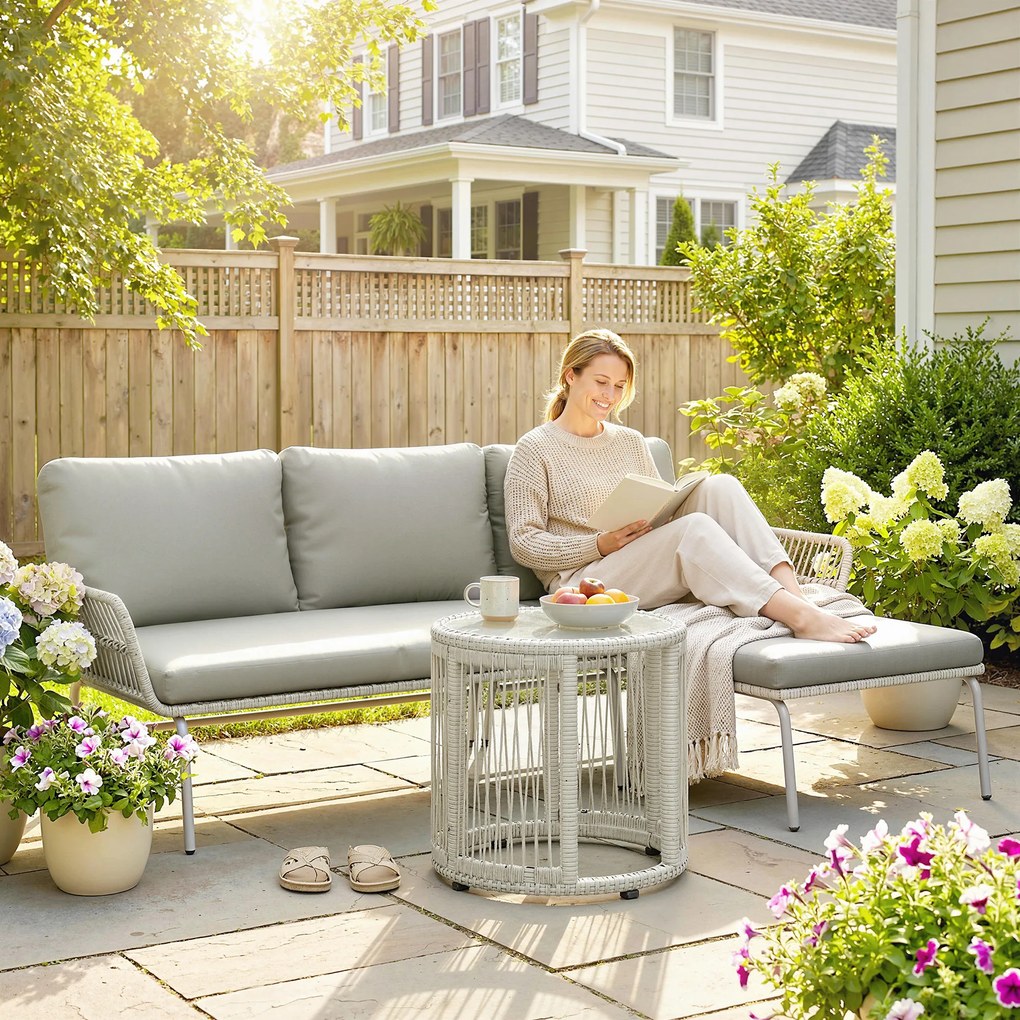 Polyratanová zahradní souprava nábytku 3-dílná, obývací souprava s lehátkem dvoumístná pohovka skleněný stolek odnímatelné polštáře