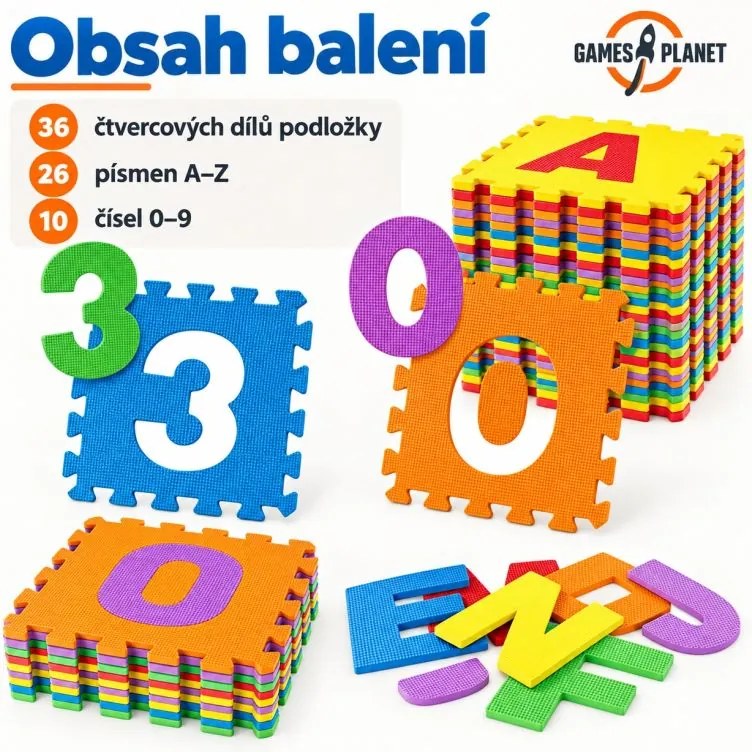 Pěnové puzzle na zem 3,6 m², 36 dílů, písmena a čísla