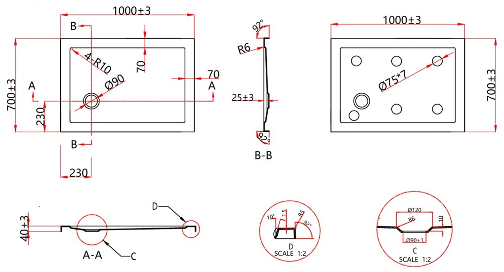 Erga Laos, obdélníková sprchová vanička 100x70x5cm, akrylát, bílá lesklá, ERG-V06-ACR-7010S-WH-CR
