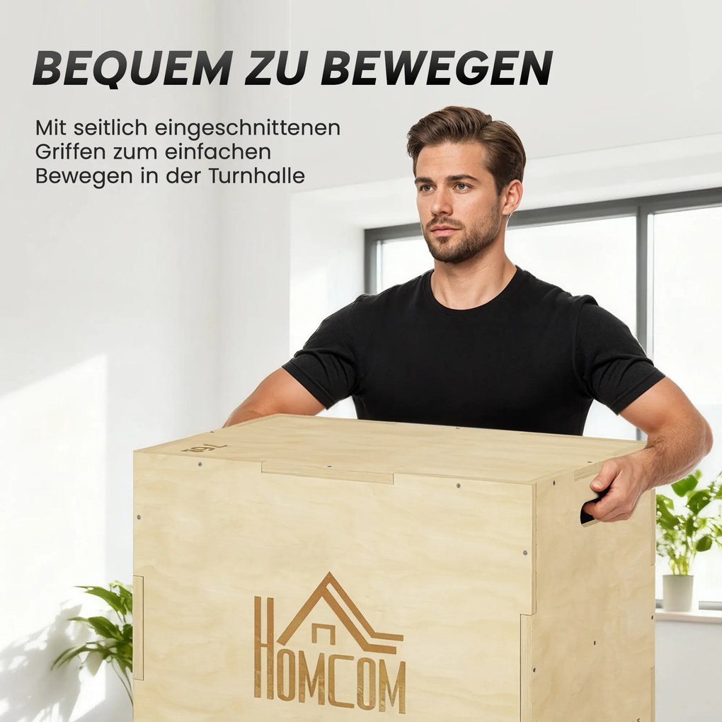 HOMCOM plyo Box 3 v 1 Dřevěný plyometrický box se 3 výškami skoku Rukojeti 61 x 51 x 76 cm Přírodní dřevo