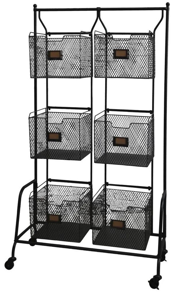 Černý kovový stojan na kolečkách s drátěnými košíky Fil de fer - 81*35*146cm