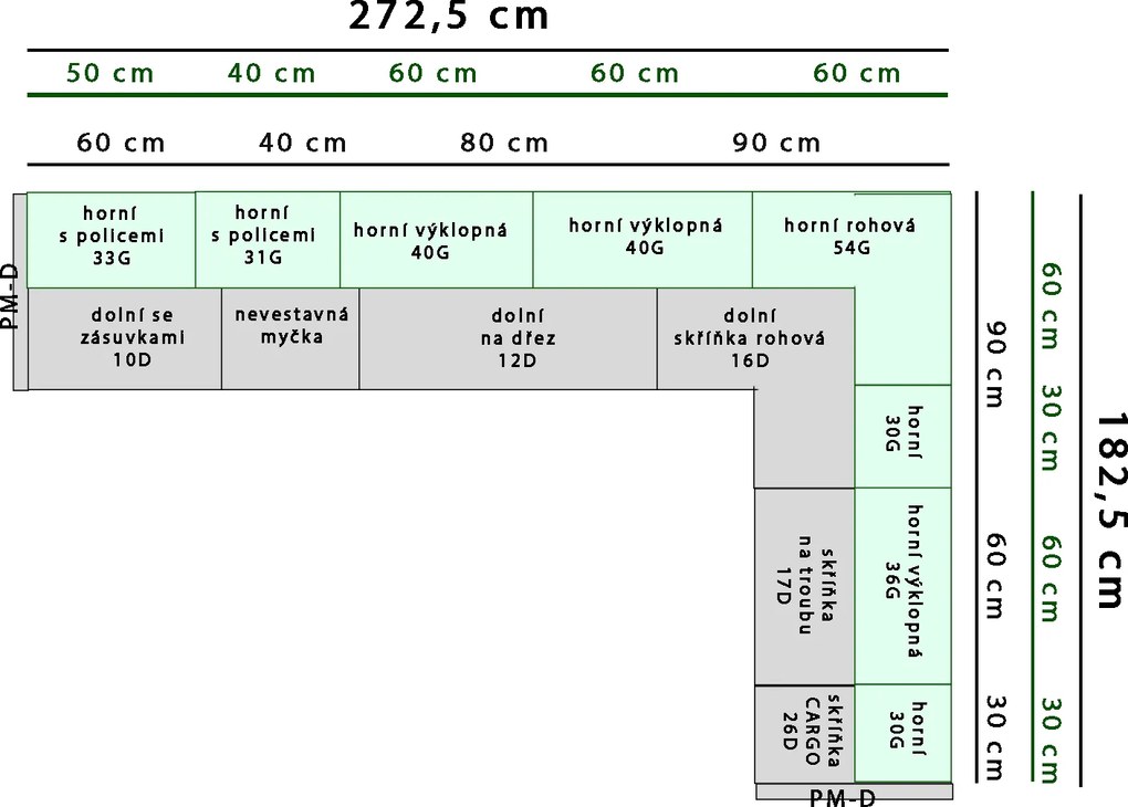 Kuchyňská linka GLAMOUR z | 272,5x182,5 cm | SE SOKLEM | zelená mat/artisan