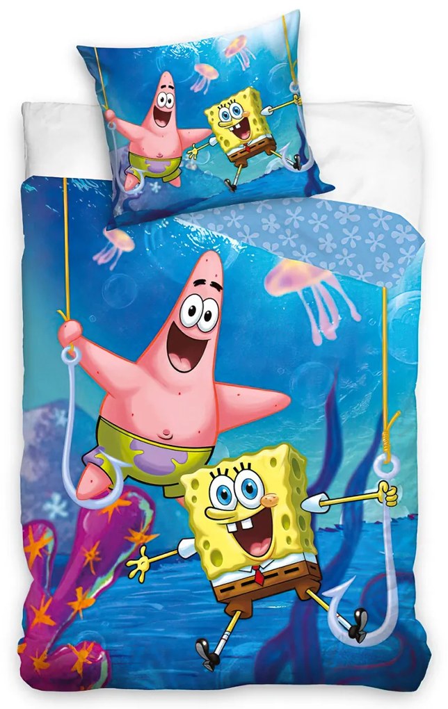 Jerry Fabrics dětské povlečení SPONGEBOB NA HÁČKU, modré, bavlna hladká, 140x200cm + 70x90cm