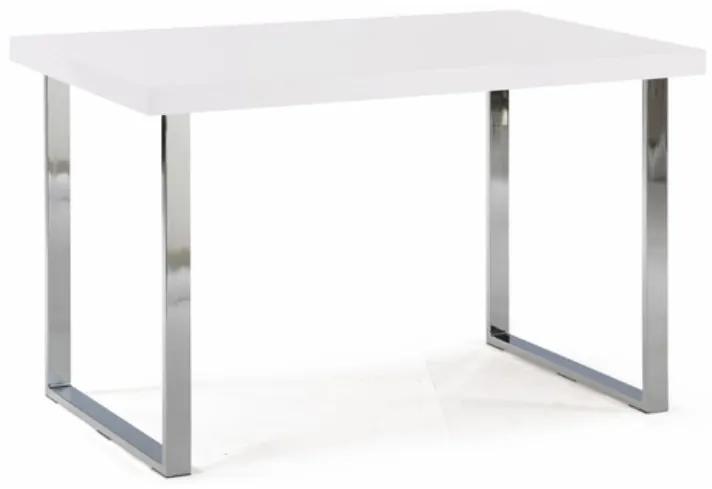 Jídelní stůl v bílé barvě s vysokým leskem a spojenou chromovou podstavou TK236