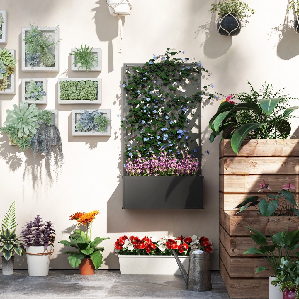 Outsunny Pěstební Box s Mřížkou, Ochranný Paravent, Kovový Pěstební Box pro Vnitřní a Vnější Použití, Balkónová Terasa, 61x23x113 cm, Černá