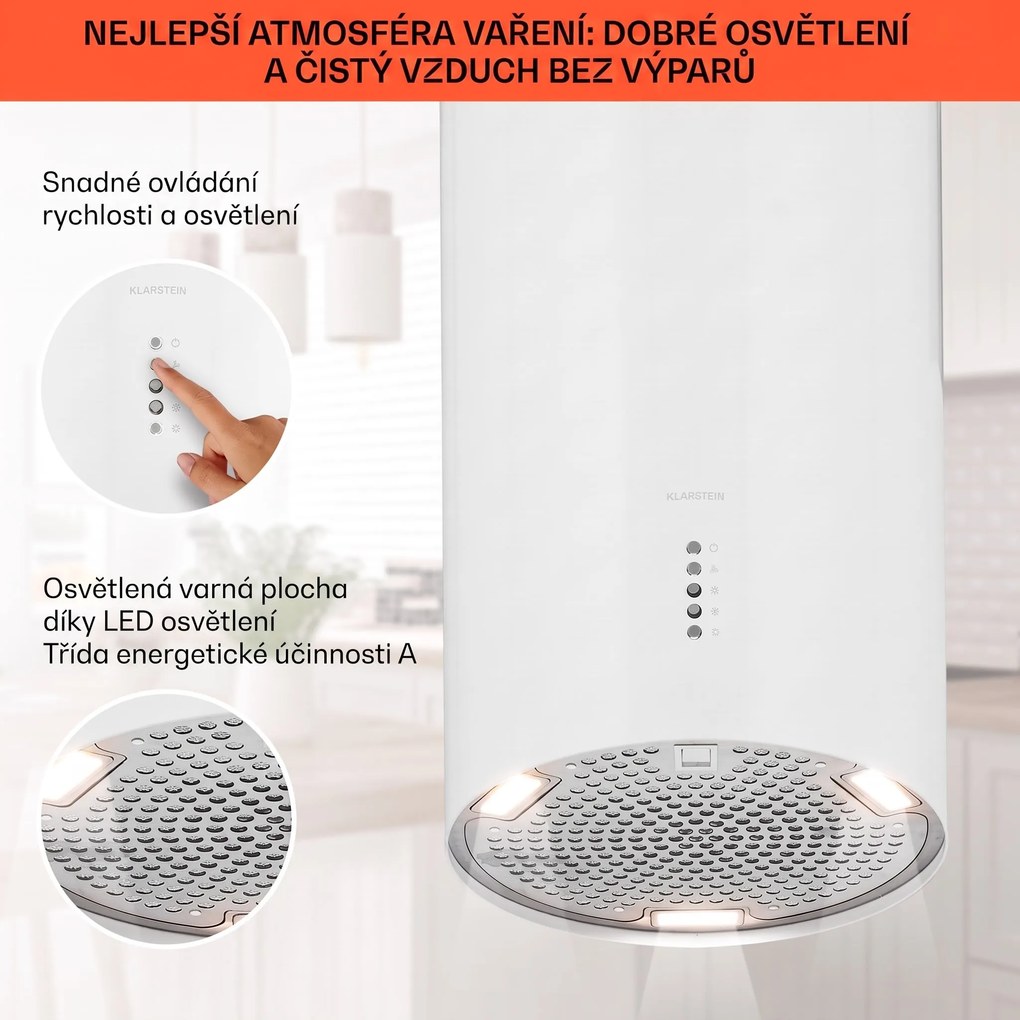 Klarstein Bolea, digestoř, 38 cm, ostrůvková, 651 m³/h, LED, filtry s aktivním uhlím, nerezová ocel