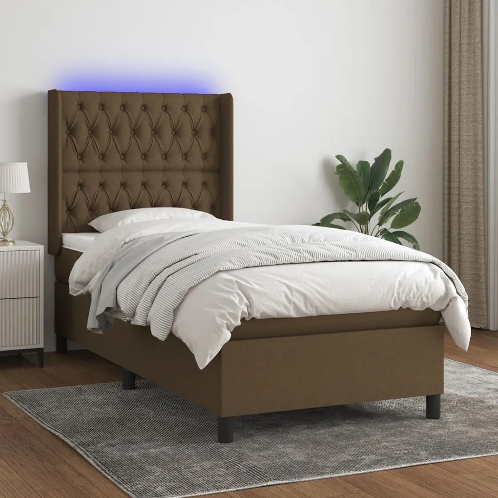 Box spring postel s matrací a LED tmavě hnědá 90x200 cm textil