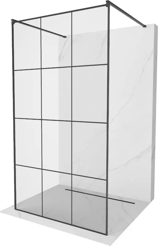 Mexen Kioto, průchozí sprchová zástěna 110 x 200 cm, 8mm sklo čiré/černý vzor, 2x černá stabilizační rozpěra, 800-110-002-70-77