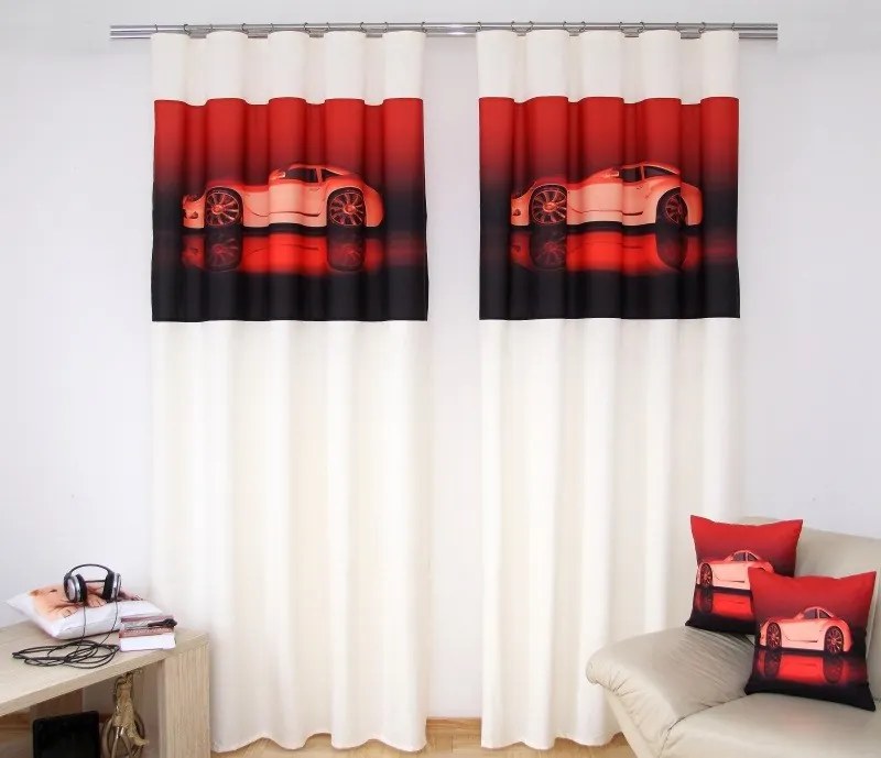Krémově červený závěs pro kluky s motivem auta Šířka: 160 cm | Délka: 250 cm (v sadě jsou 2 kusy)