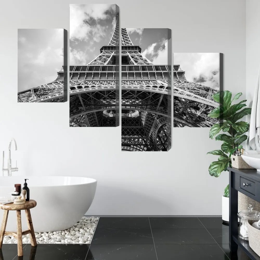 Vícedílný obraz Černobílý Pohled Na Eiffelovu Věž V Paříži Nedostatek Nedostatek Plátno Canvas 240x150