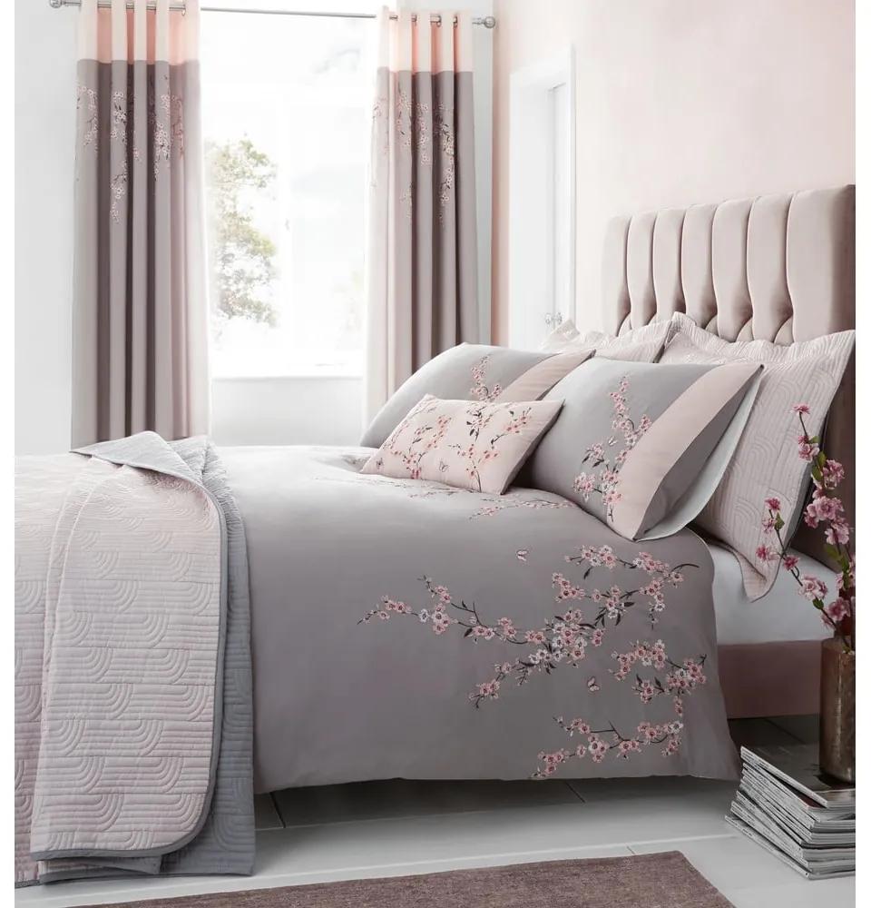 Růžovo-šedý prošívaný přehoz na postel Catherine Lansfield Blossom, 240 x 260 cm