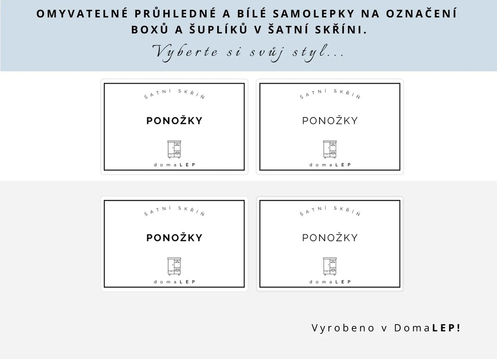 PONOŽKY - Samolepka na šuplíky a boxy do šatní skříně, 8,5 x 5,5 cm - DomaLEP varianta: SAMOLEPKA, barva: PRŮHLEDNÁ - ČERNÉ písmo, velikost: š. 8,5 cm x v. 5,5 cm - tučné písmo