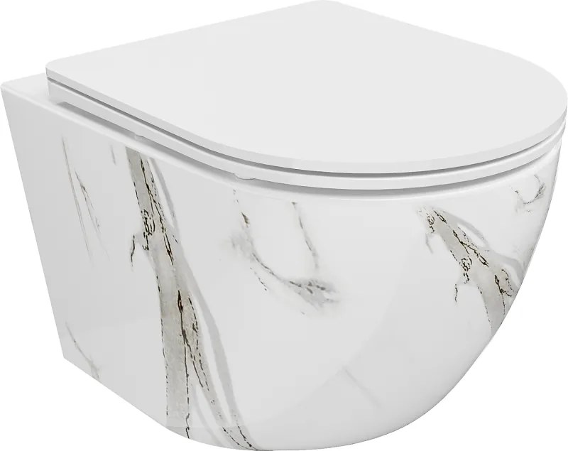 Mexen Lena, závěsná WC mísa Rimless s duroplastovým sedátkem s pomalým zavíráním, imitace mramoru-bílý kámen, 30224094