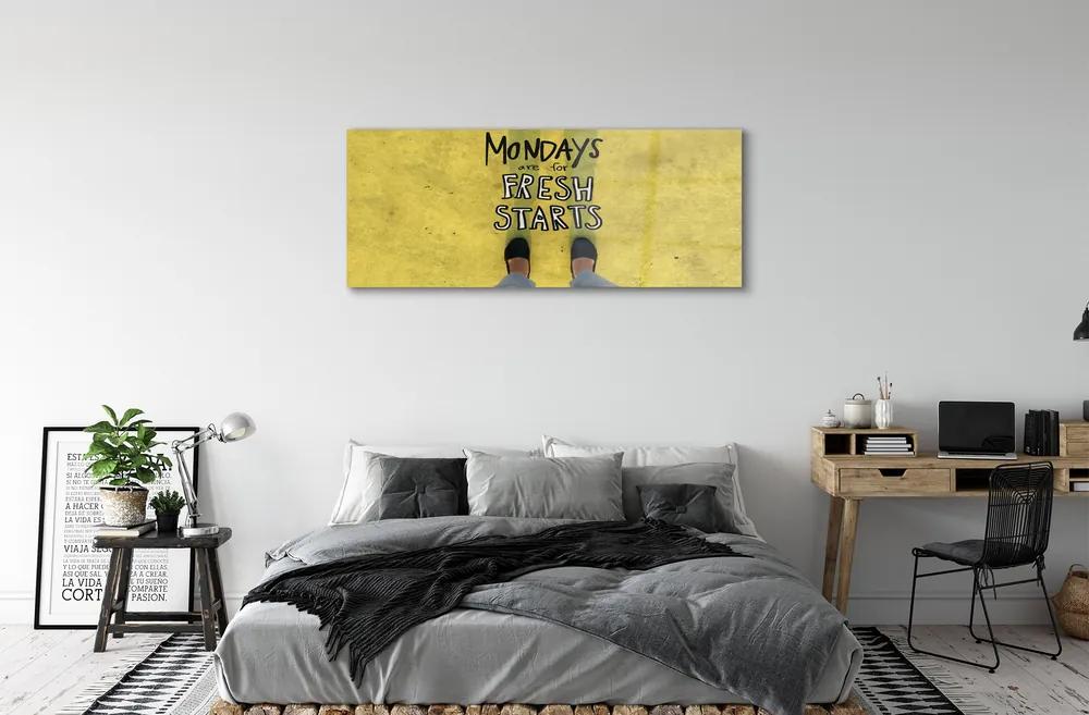 akrylový obraz Nohy žlutém pozadí nápis 120x60 cm