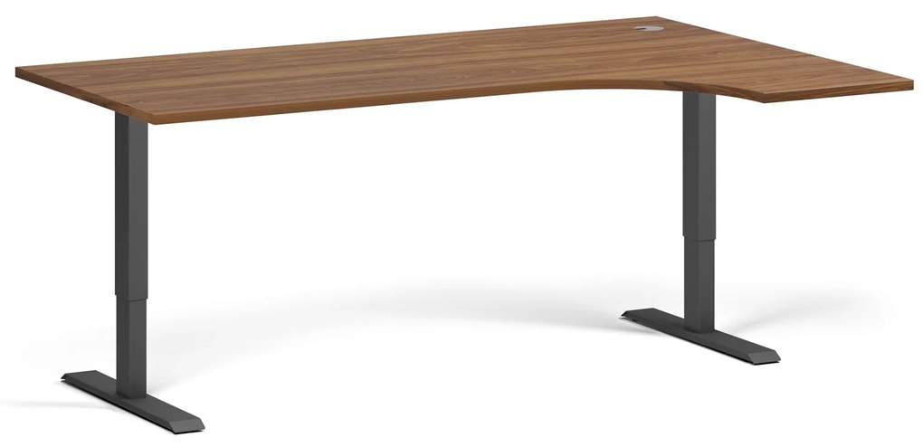 Rohový výškově nastavitelný stůl, 180x120 cm, 2 motory, L/P, černá podnož, ořech