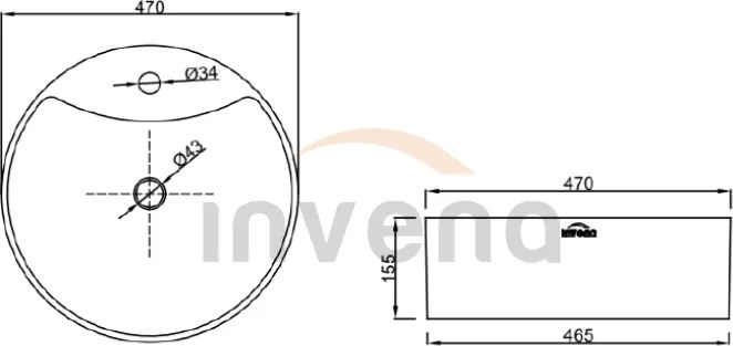Invena Granada, kulaté umyvadlo na desku 470x470x155 mm, bílá, INV-CE-45-001-W