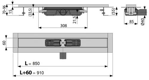 Alcadrain Low Podlahový žlab 85 cm s okrajem pro perforovaný rošt APZ101-850