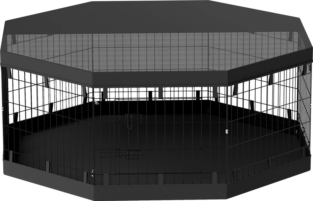 PawHut Psí Ohrádka, Vnitřní Psí Prostor, 8 Skládacích Modulárních Panelů, s Dveřmi, Horním a Dolním Krytem, Ocel, 61 x 61 cm, Černá | Aosom