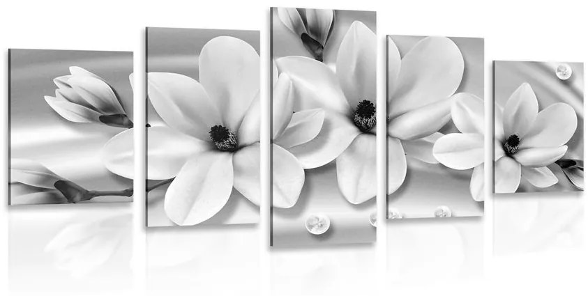 5-dílný obraz luxusní magnolie s perlami v černobílém provedení Varianta: 200x100