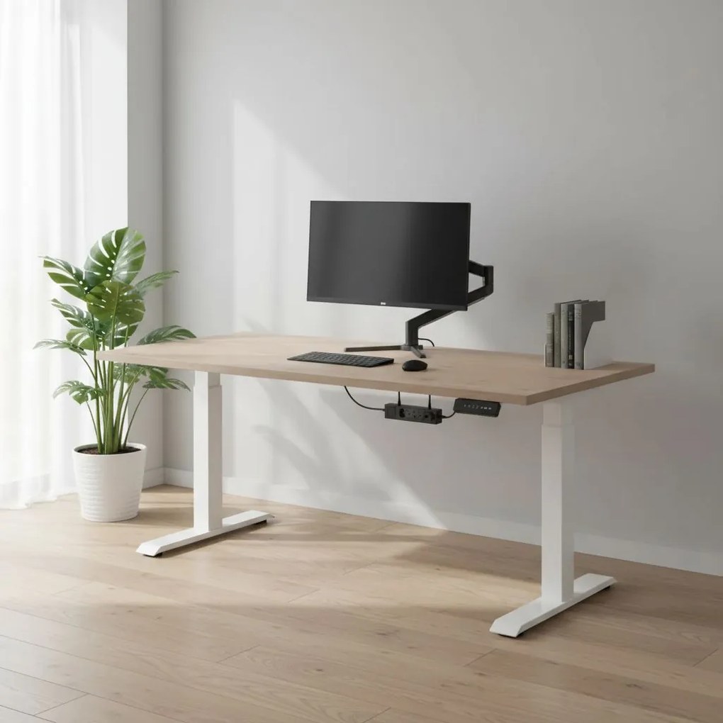 Výškově nastavitelný stůl OfficeTech D, 180 x 80 cm, bílá podnož, dub
