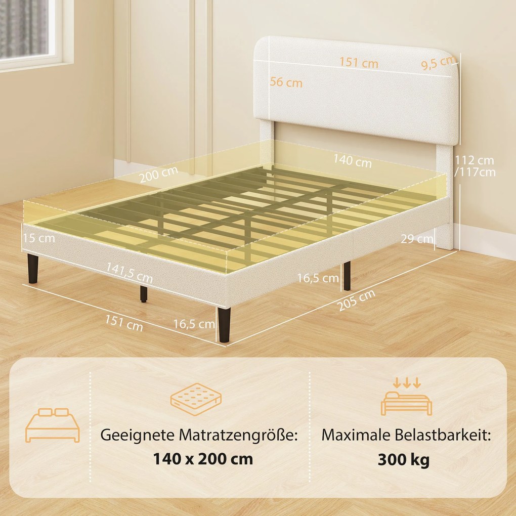 HOMCOM čalouněná postel 140 x 200 cm s polstrovaným čelem z teddy fleecu — kovový rám, bílá