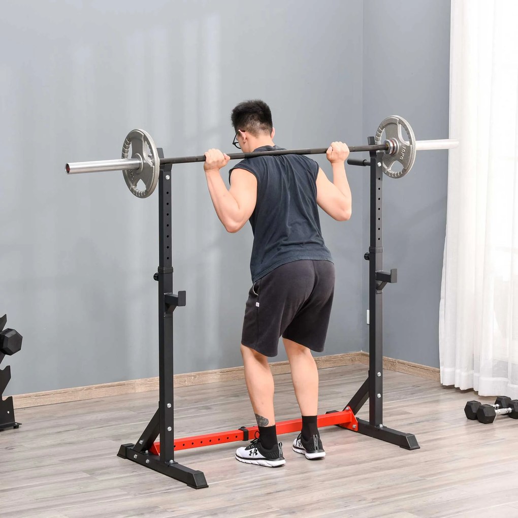 HOMCOM Stojan na činky - Ocelový stojan na činky s nastavitelnou výškou až 150 kg nosnost - Dřepovací stojan s gumovými nožičkami pro silový trénink