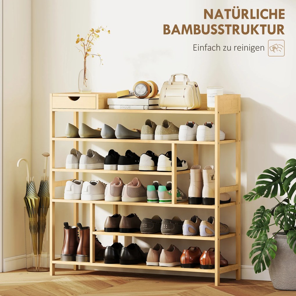 HOMCOM Botník, stojan na boty se 6 úrovněmi, bambusová zásuvka, pro max. 18 párů bot, botník do předsíně, ložnice, 101 x 30 x 100 cm, přírodní