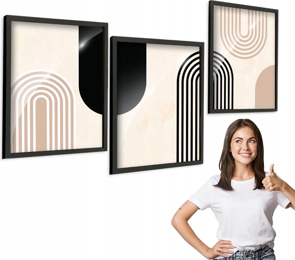 Sada 3 obrazů Minimalistický vzor černý rámeček 50x70 plexi triptych