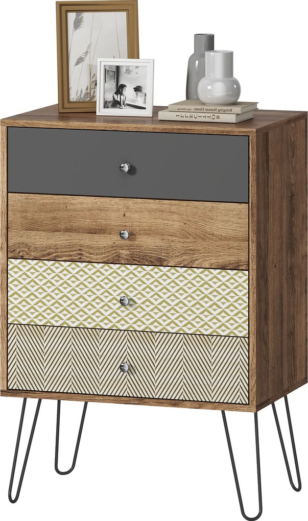 HOMCOM komoda se 4 zásuvkami, nohy z oceli, boho styl, 60 x 39 x 86 cm, vícebarevná